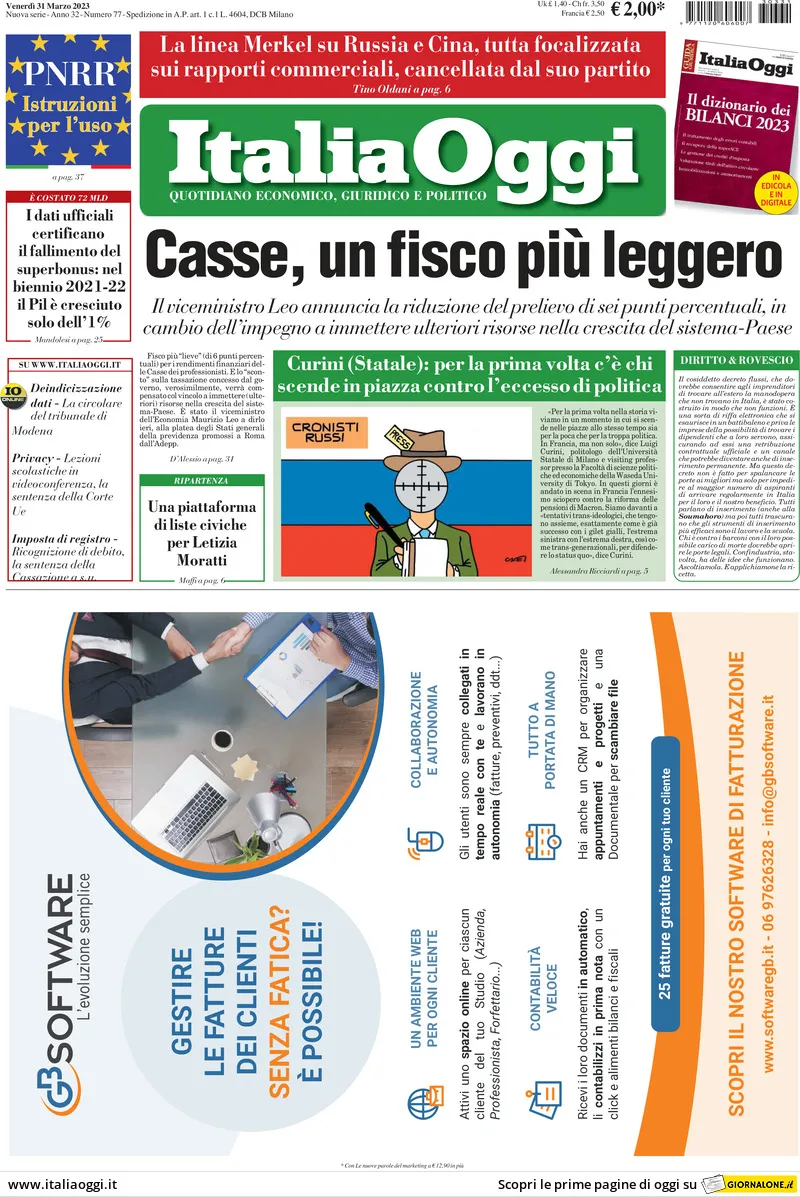 Prima pagina «Italia Oggi» | Giornali.it