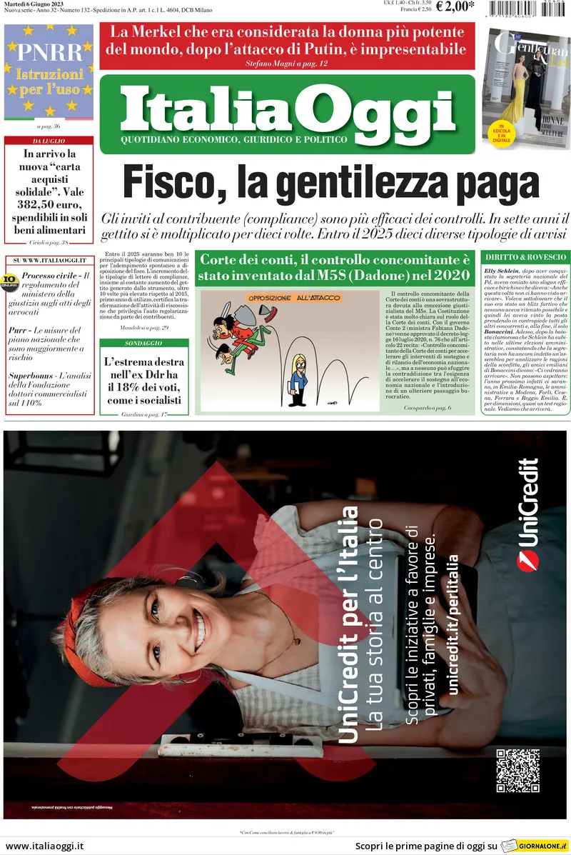 Prima pagina «Italia Oggi» | Giornali.it