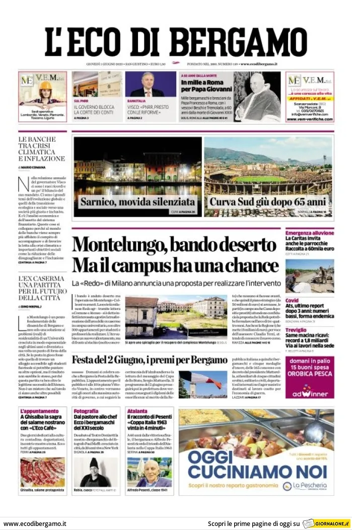 Prima pagina «L'Eco di Bergamo» | Giornali.it