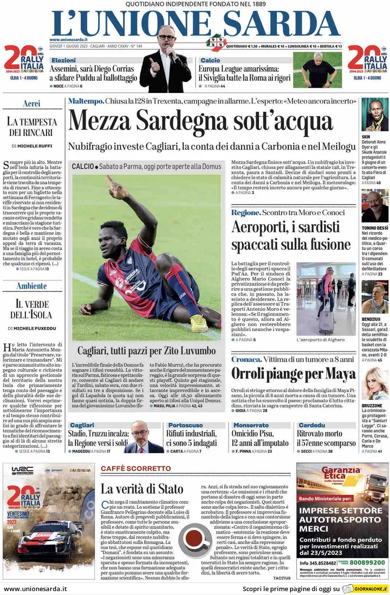 Prima pagina «L'Unione Sarda» | Giornali.it