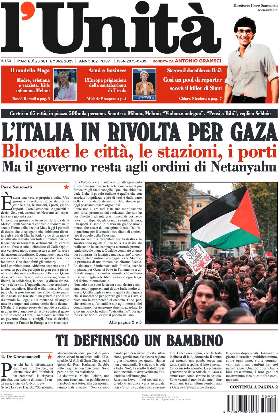 Prima pagina «L'Unità» | Giornali.it