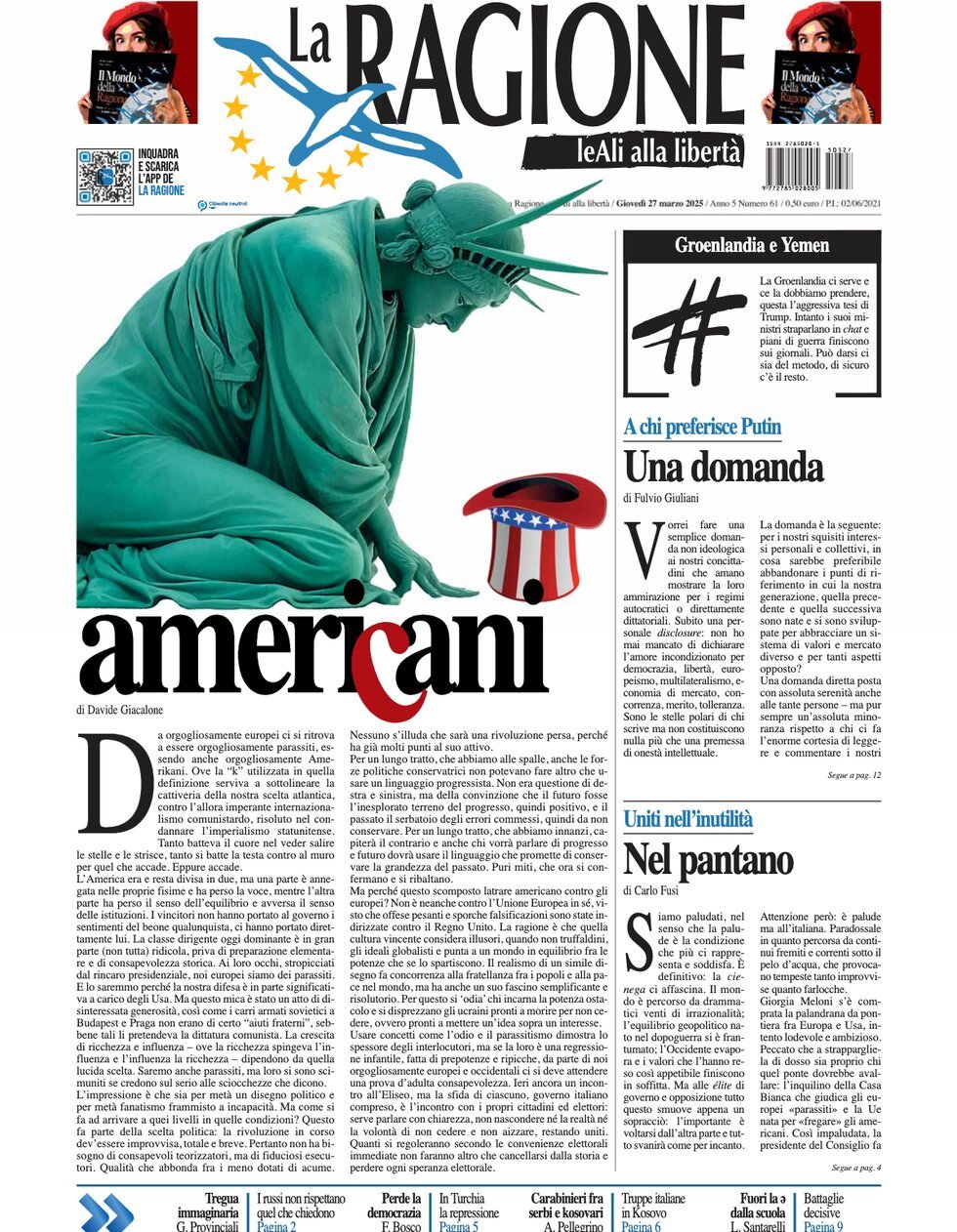 Prima pagina «La Ragione» | Giornali.it